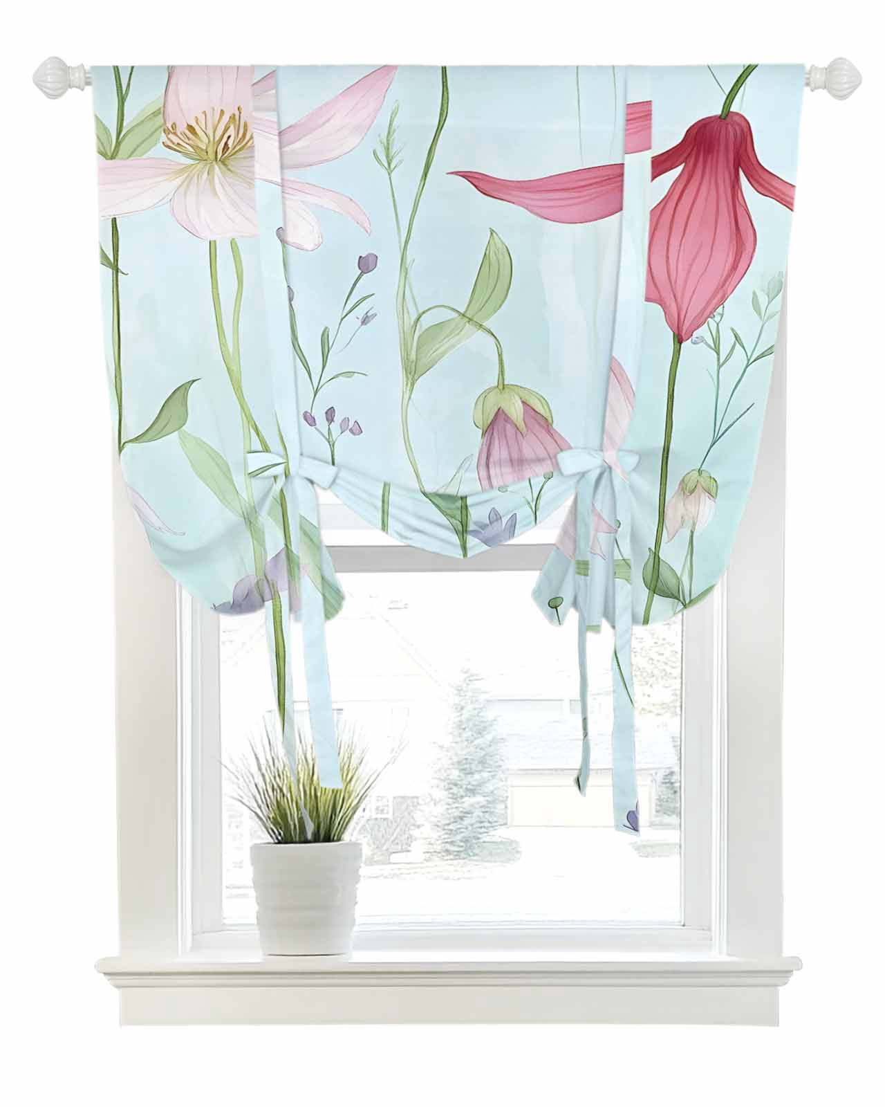 Blue Pink Green Floral Tie Up Curtains for Window, Thermal Insulated ...