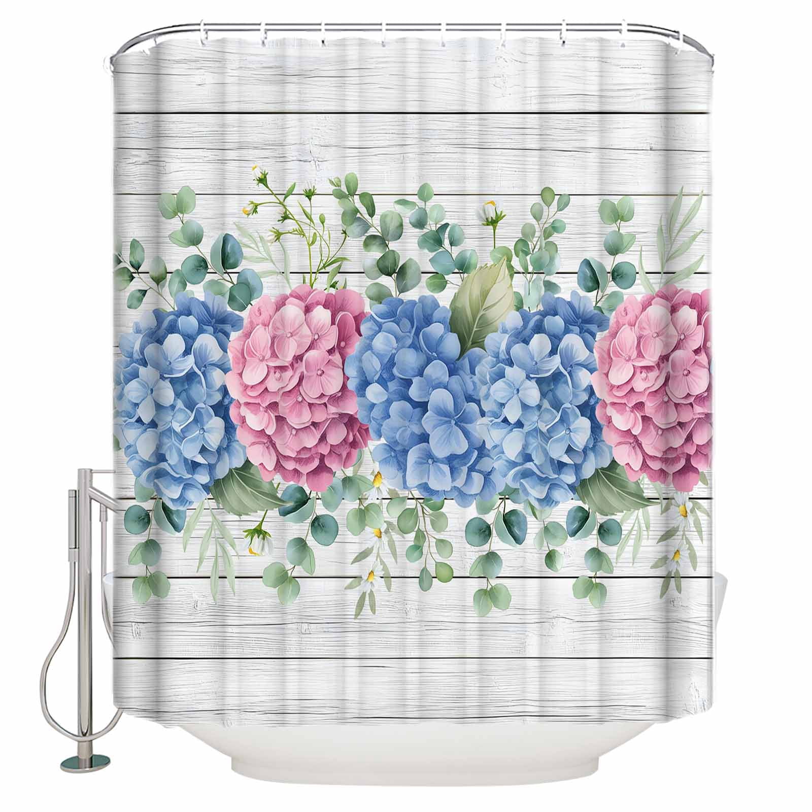 Blue Pink Hydrangea Bathroom Shower Curtains with 12 Hooks Polyester ...