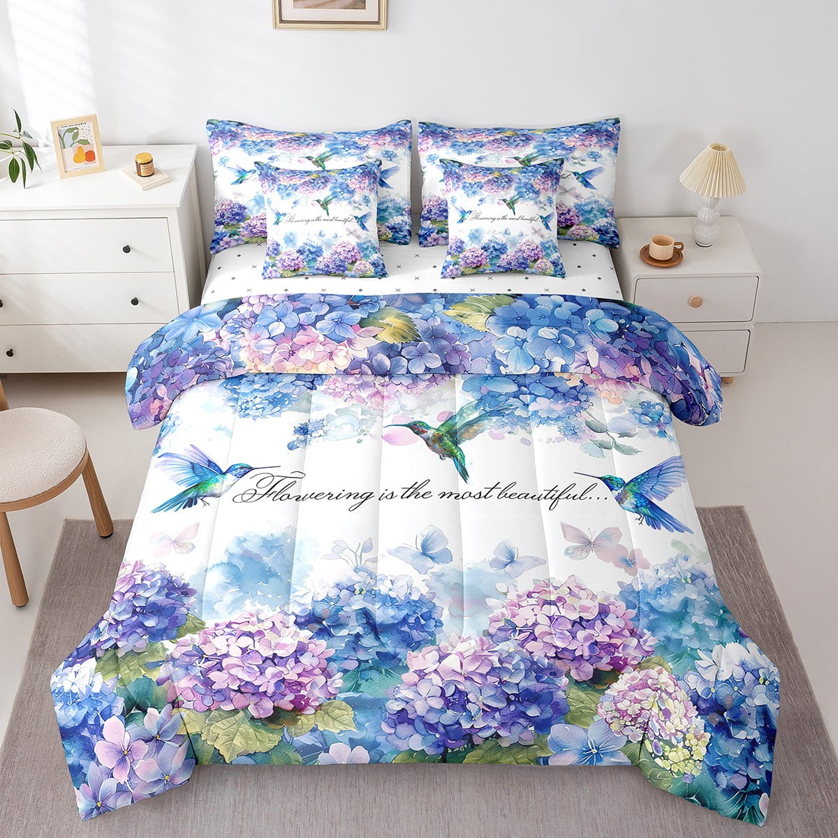 Blue Pink Hydrangea Bedding King Size 7pcs Wild Hummingbird Comforter ...