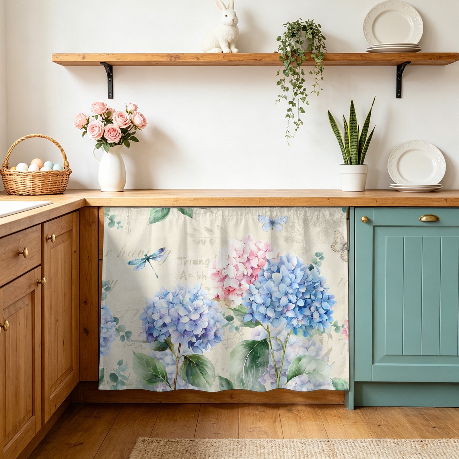 Blue Pink Hydrangea Cabinet Curtains 28" W x 35" L Watercolor Spring ...