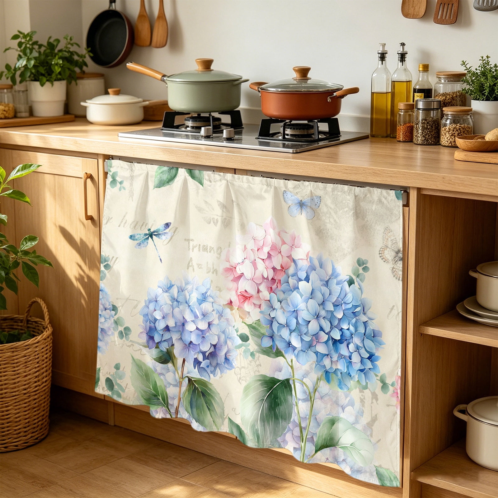 Blue Pink Hydrangea Cabinet Curtains 35" W x 35" L Watercolor Spring ...