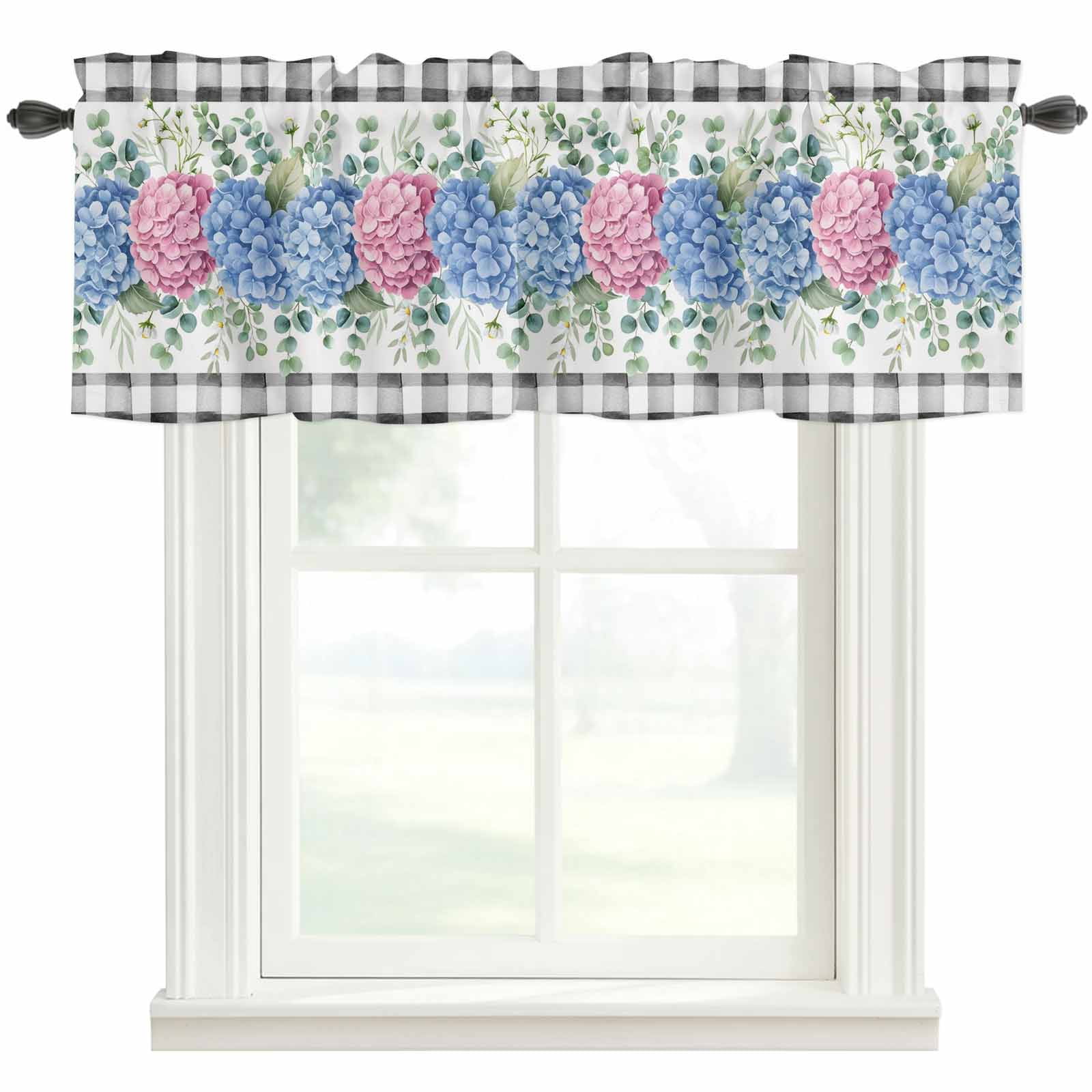 Blue Pink Hydrangea Farmhouse Short Window Curtain Valances, Eucalyptus ...