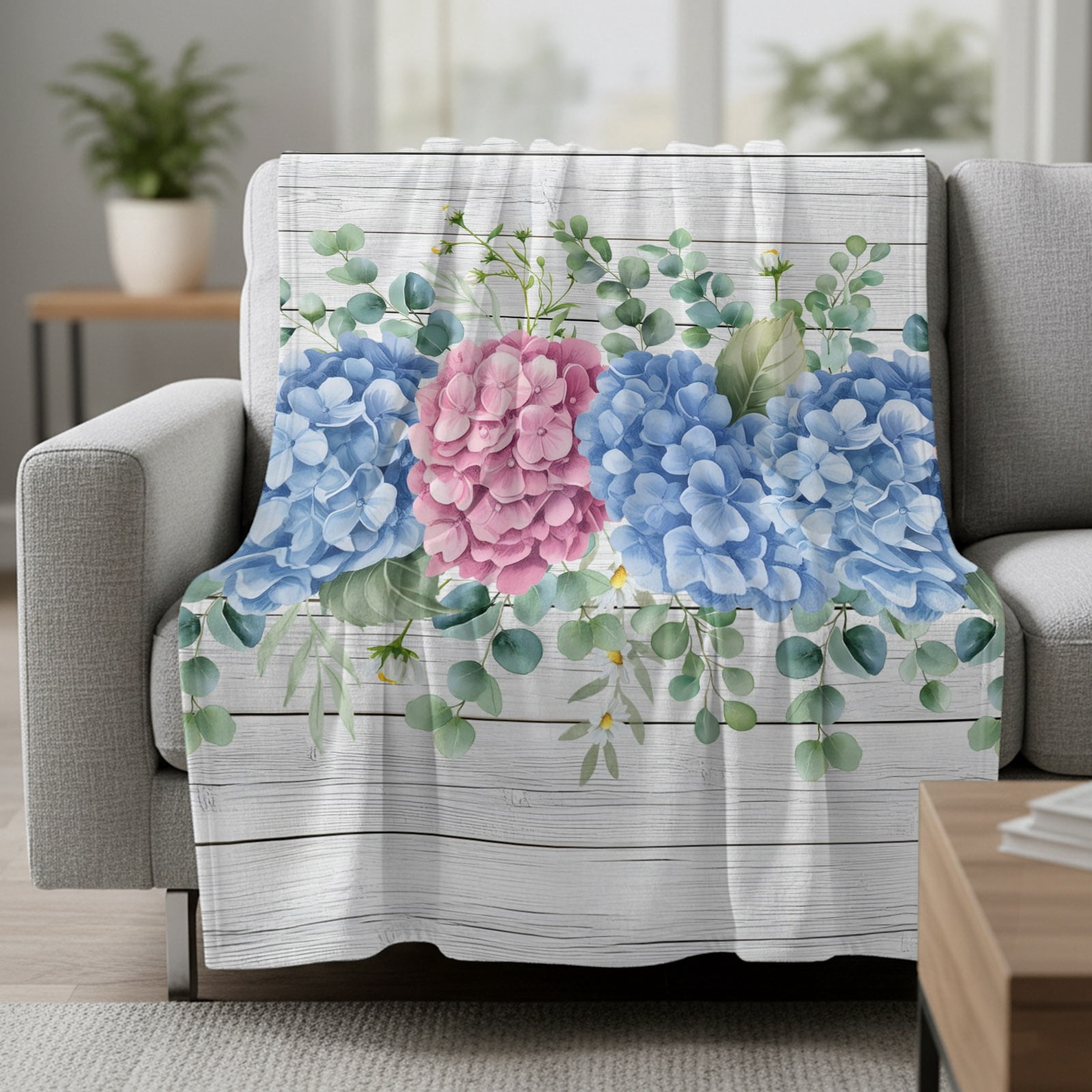 Blue Pink Hydrangea Fleece Throw Blanket Spring Floral Leaf White Wood ...