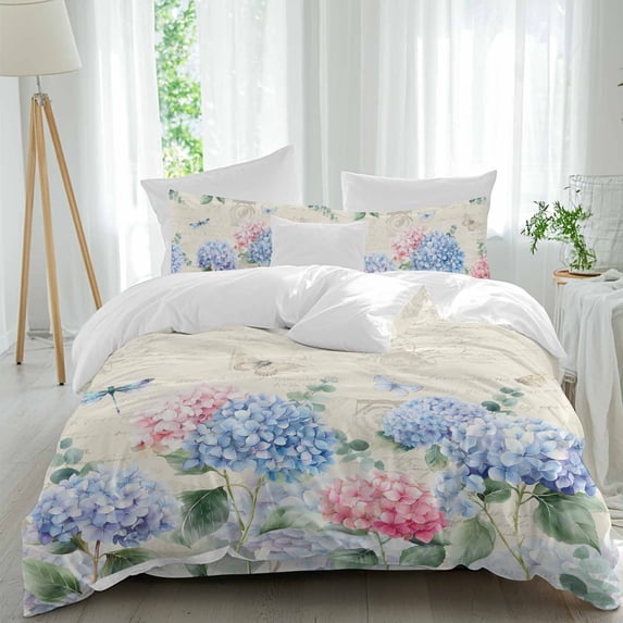 Blue Pink Hydrangea Full Size Comforter Set, Spring Floral Green Leaf ...