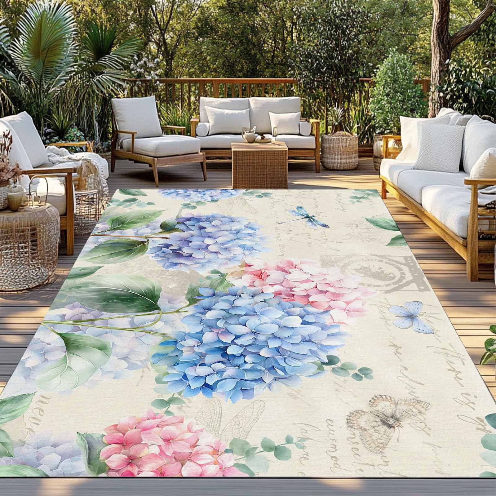 Blue Pink Hydrangea Indoor Outdoor Rugs 5x8 Ft, Watercolor Spring ...
