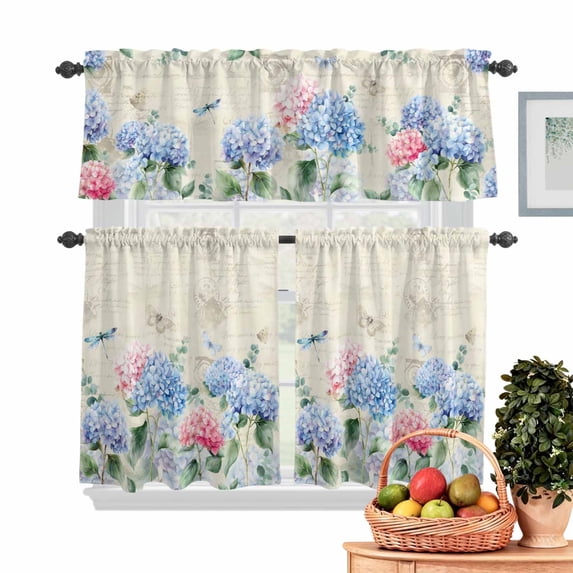 Blue Pink Hydrangea Kitchen Curtains Valances 3 Piece Set, Watercolor ...