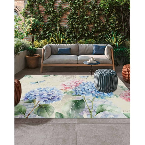 Blue Pink Hydrangea Outdoor Rug, Watercolor Spring Floral Green Leaf ...