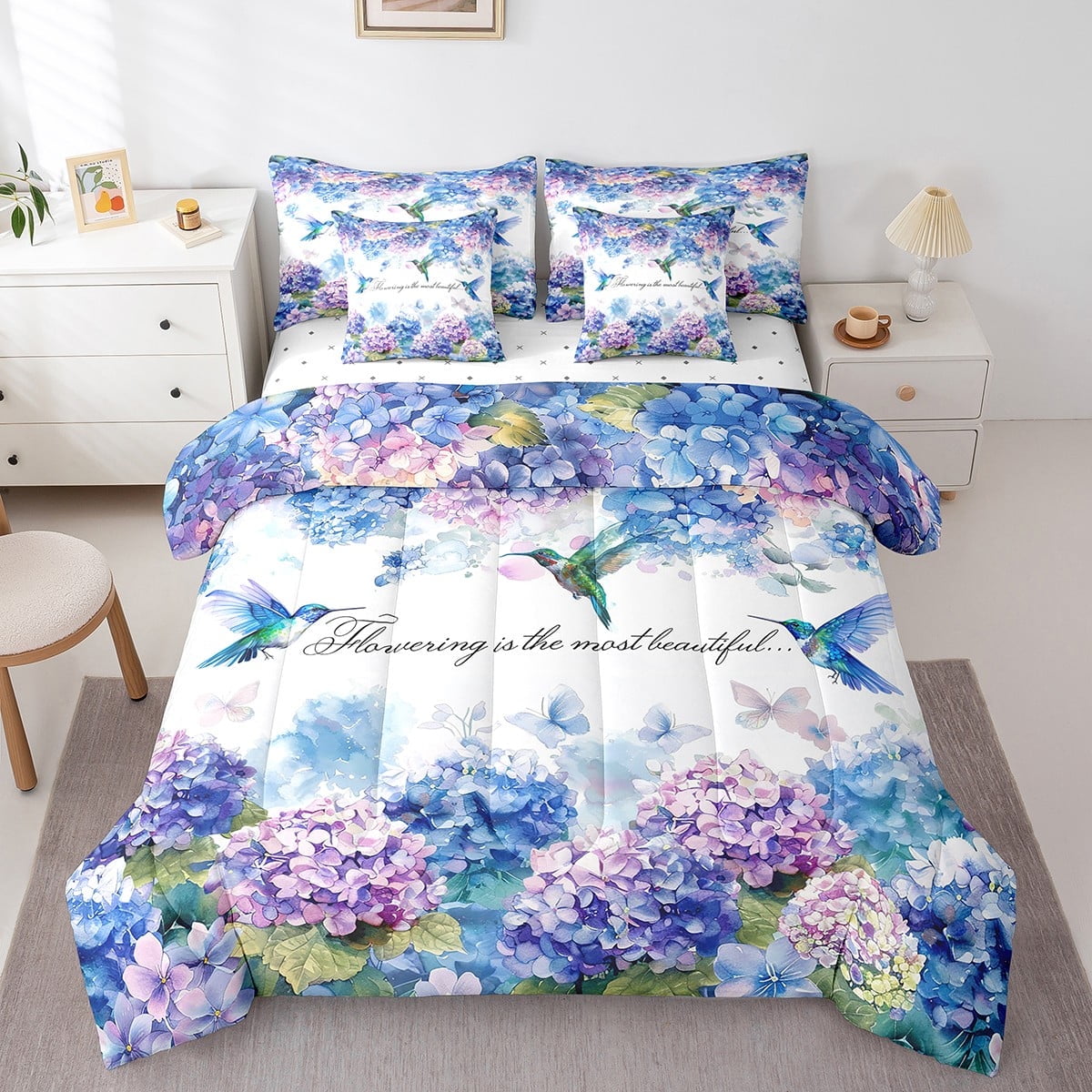 Blue Pink Hydrangea Queen Comforter Set 7-Piece Wild Hummingbird ...