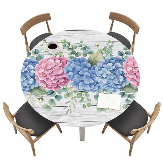 Blue Pink Hydrangea Round Fitted Tablecloth with Elastic Edge Spring ...