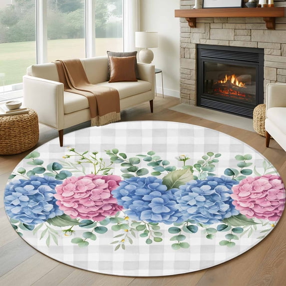 Blue Pink Hydrangea Round Rug 6ft Washable Circle Kitchen Rugs Non Slip ...