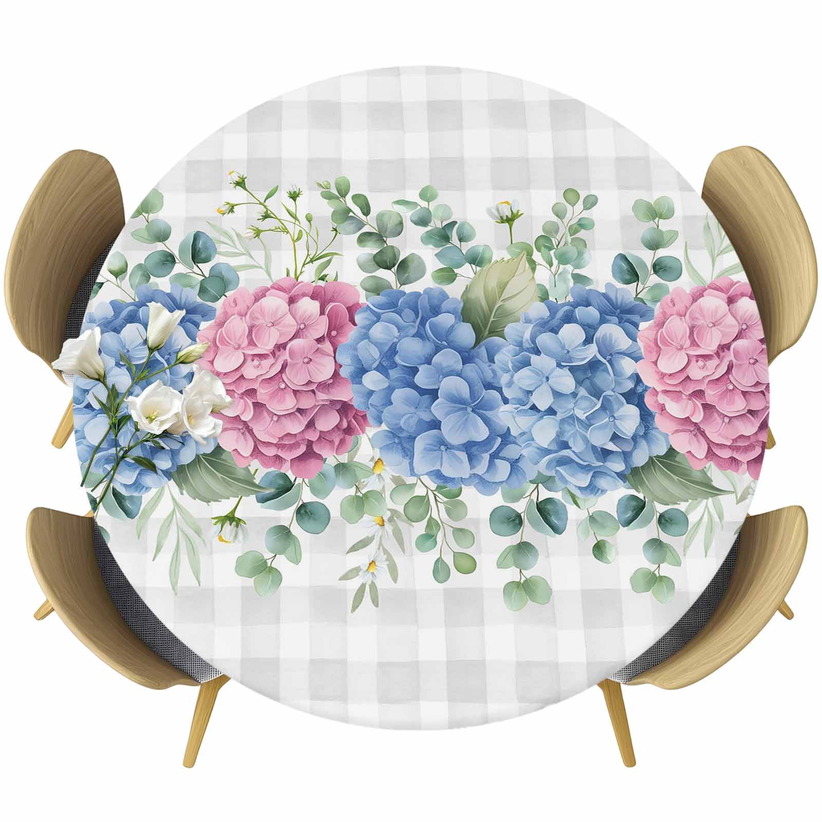 Blue Pink Hydrangea Round Tablecloth, Fitted Table Cover with Elastic ...