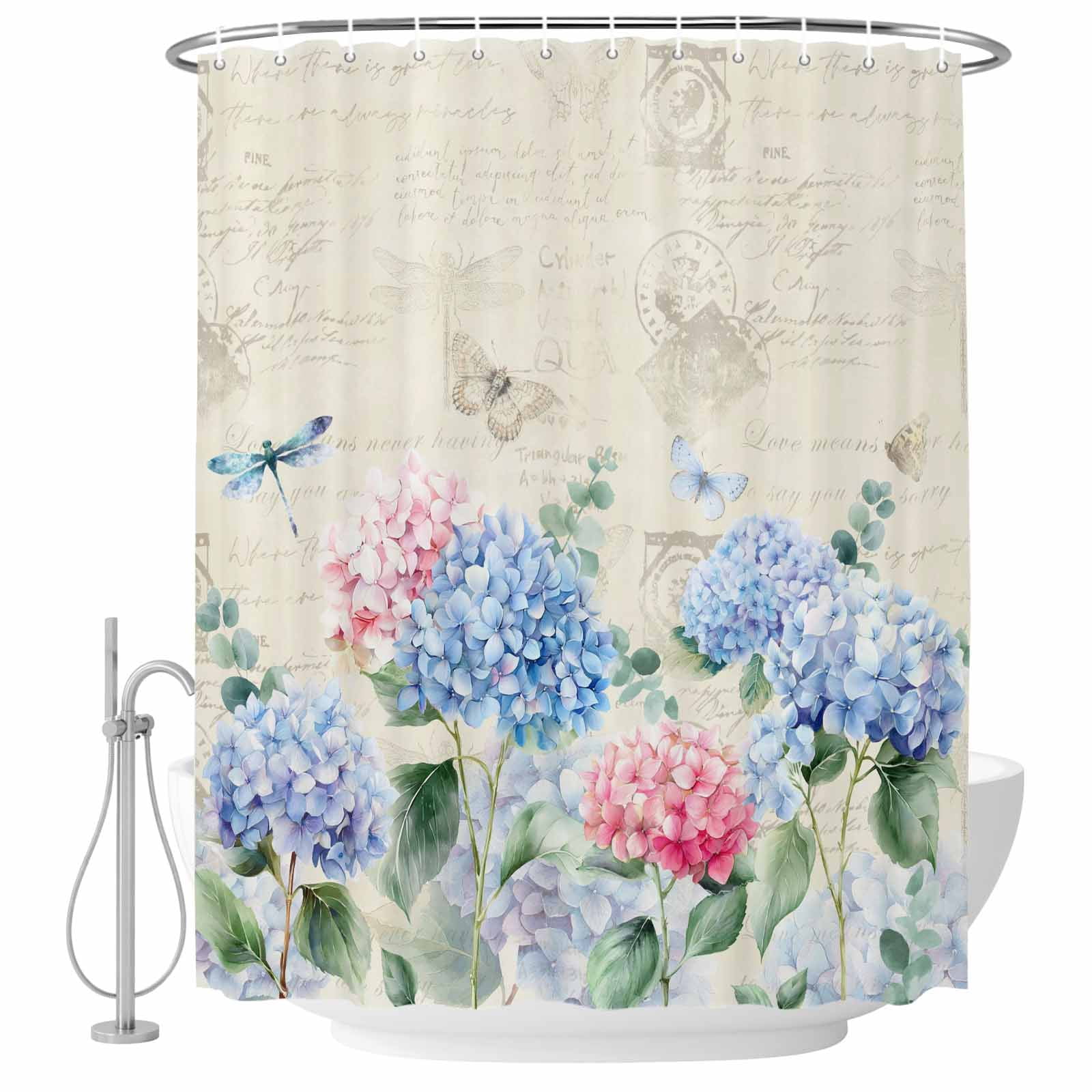 Blue Pink Hydrangea Shower Curtain, 72" x 72", Watercolor Spring Floral ...