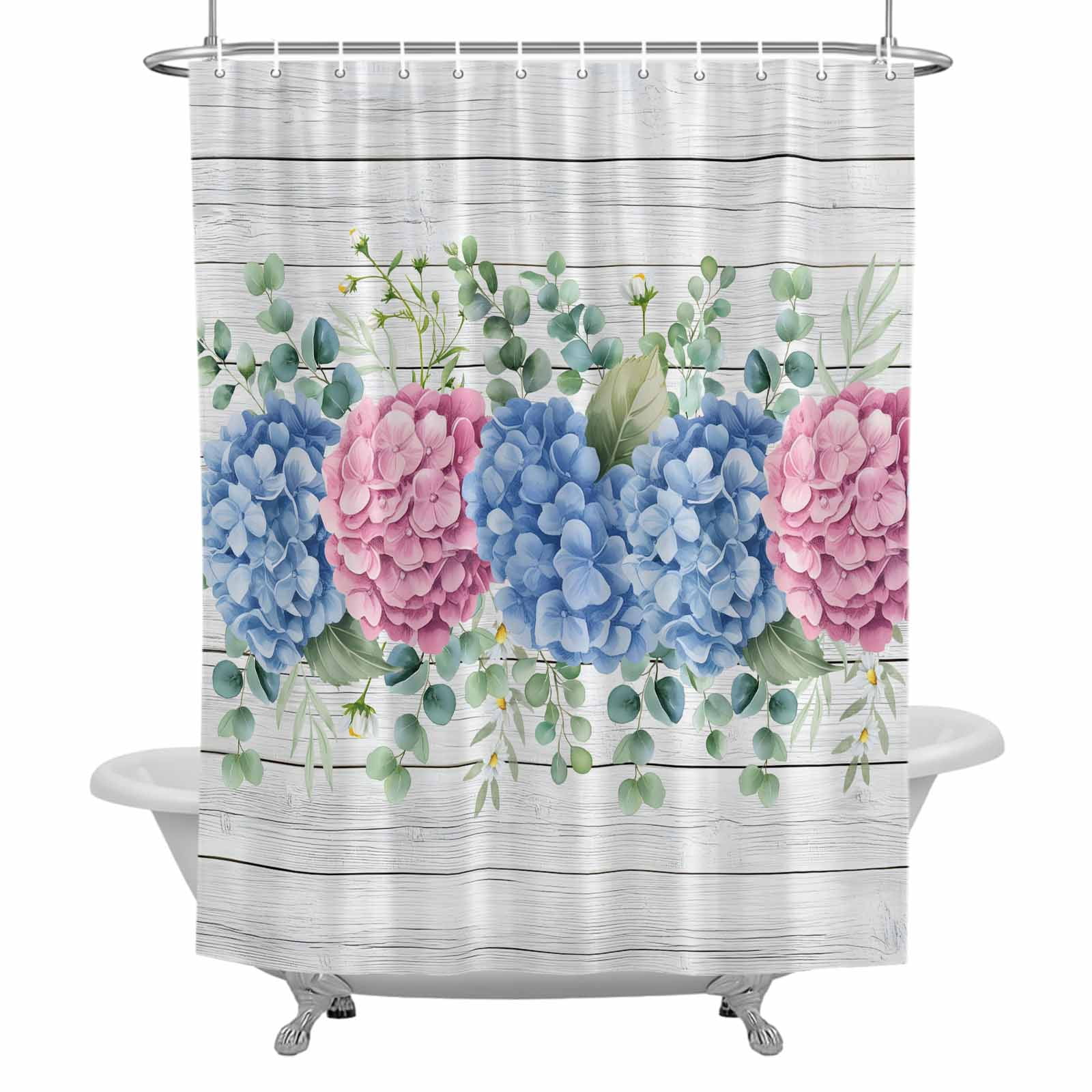 Blue Pink Hydrangea Shower Curtain for Bathroom, Spring Flower Leaf ...