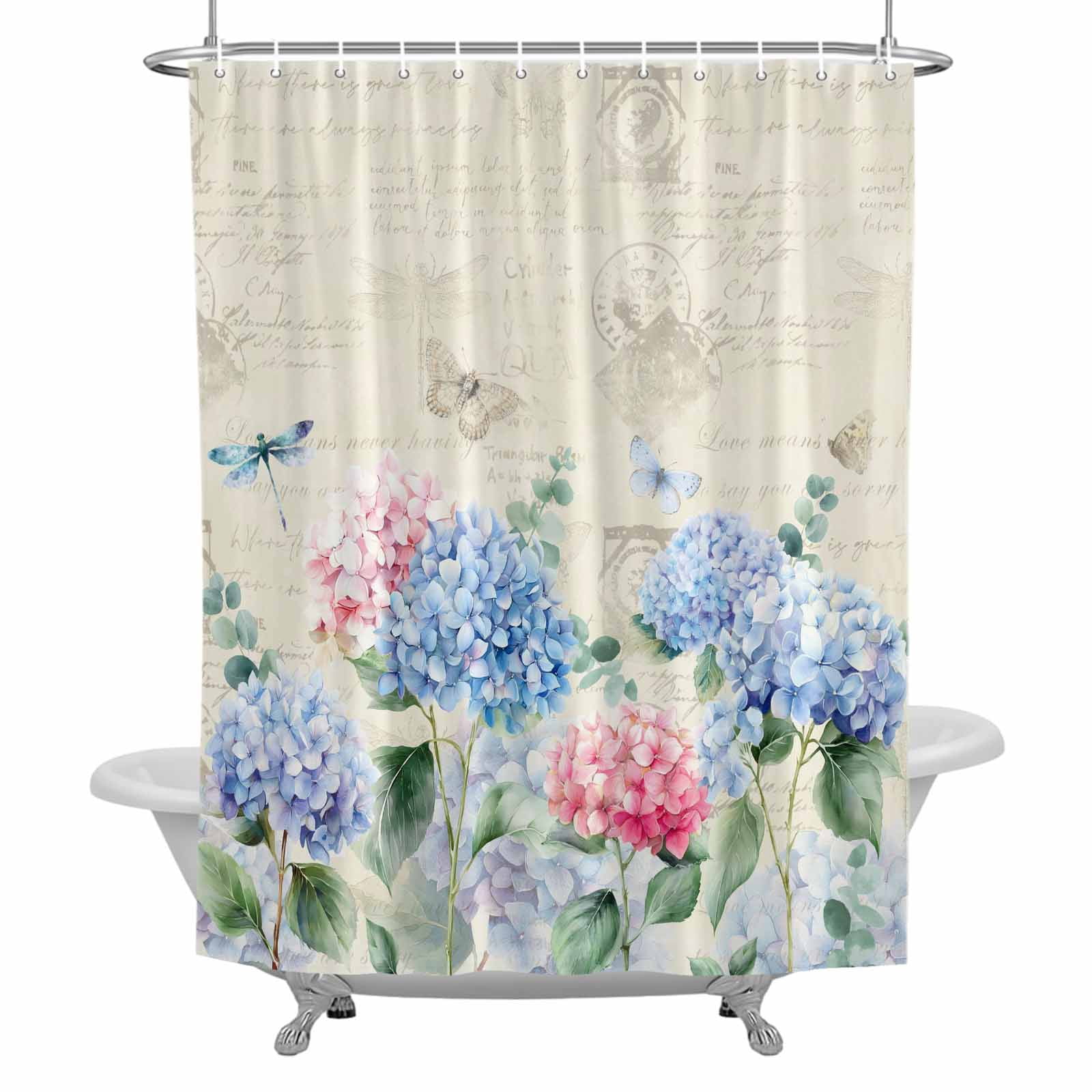 Blue Pink Hydrangea Shower Curtain for Bathroom, Watercolor Spring ...