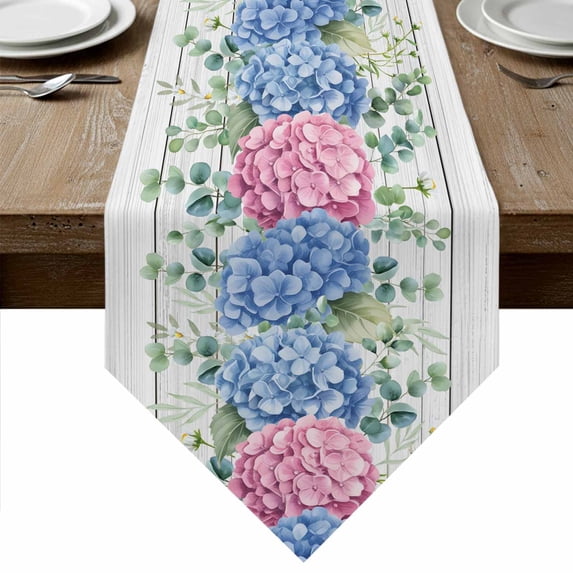 Blue Pink Hydrangea Table Runner Linen Burlap Table Runner 72 Inches ...