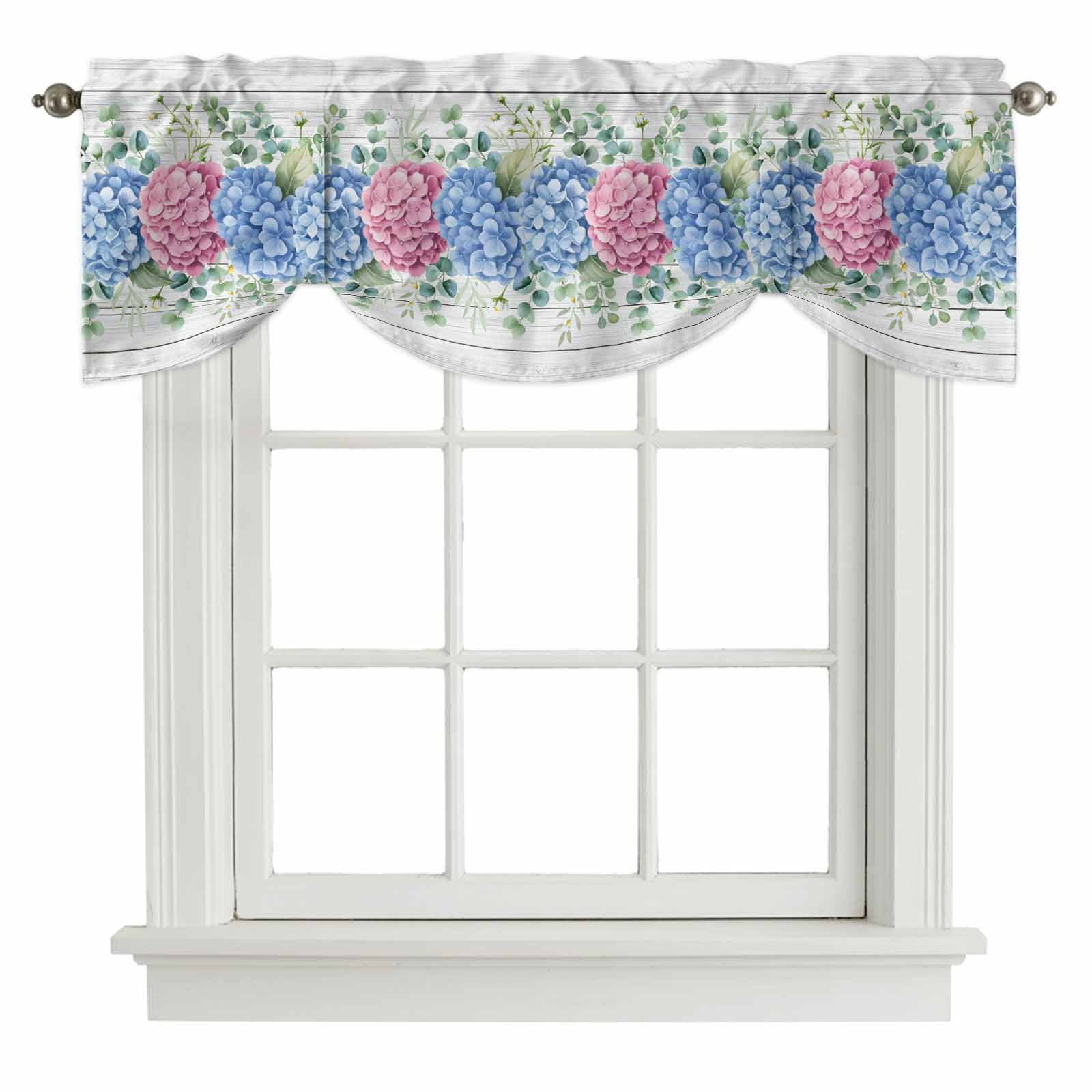 Blue Pink Hydrangea Tie Up Valance Curtains Spring Floral Leaf White ...
