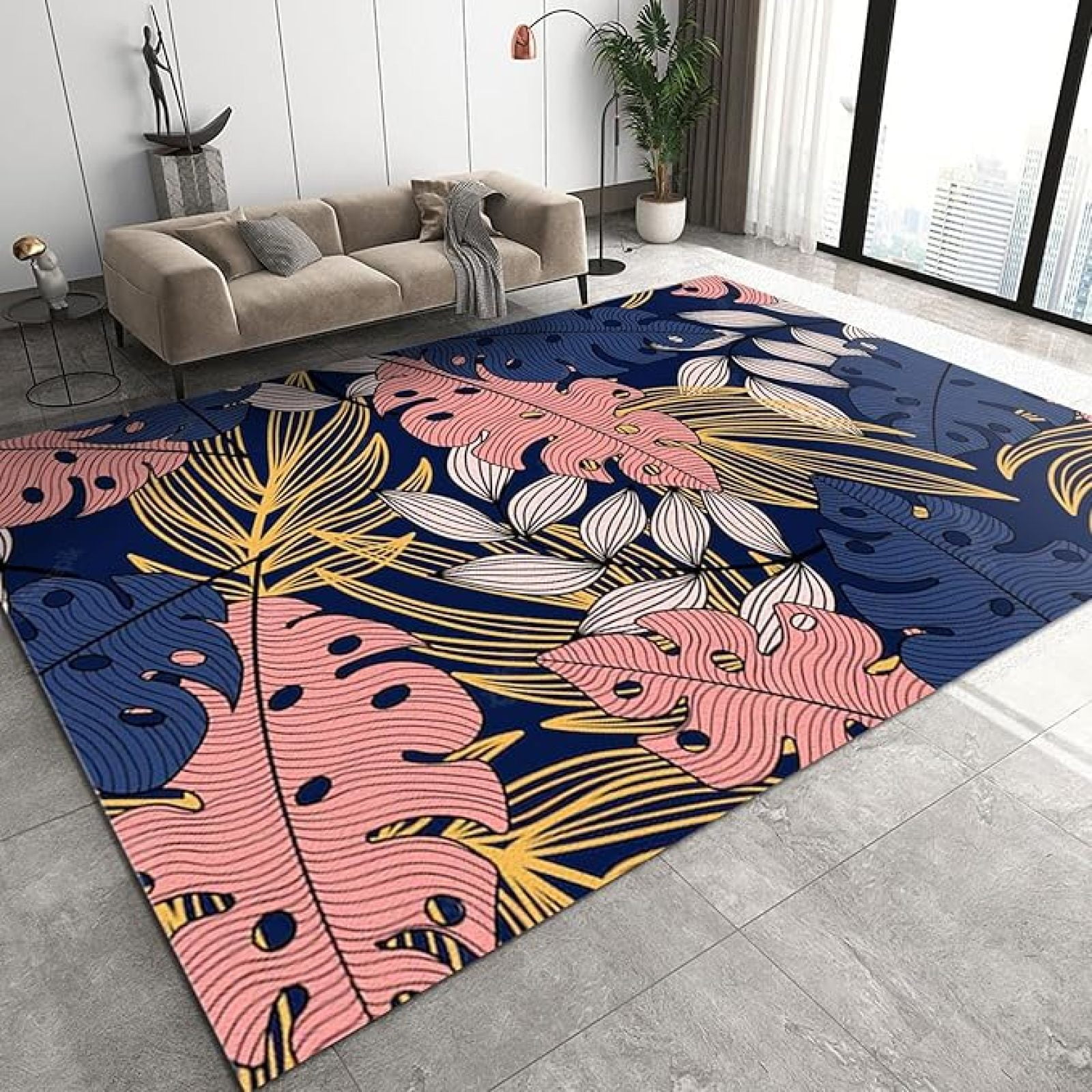 Blue Pink Leaf Pattern Area Rugs, Tropical Plant Banana Leaf Print Rug ...
