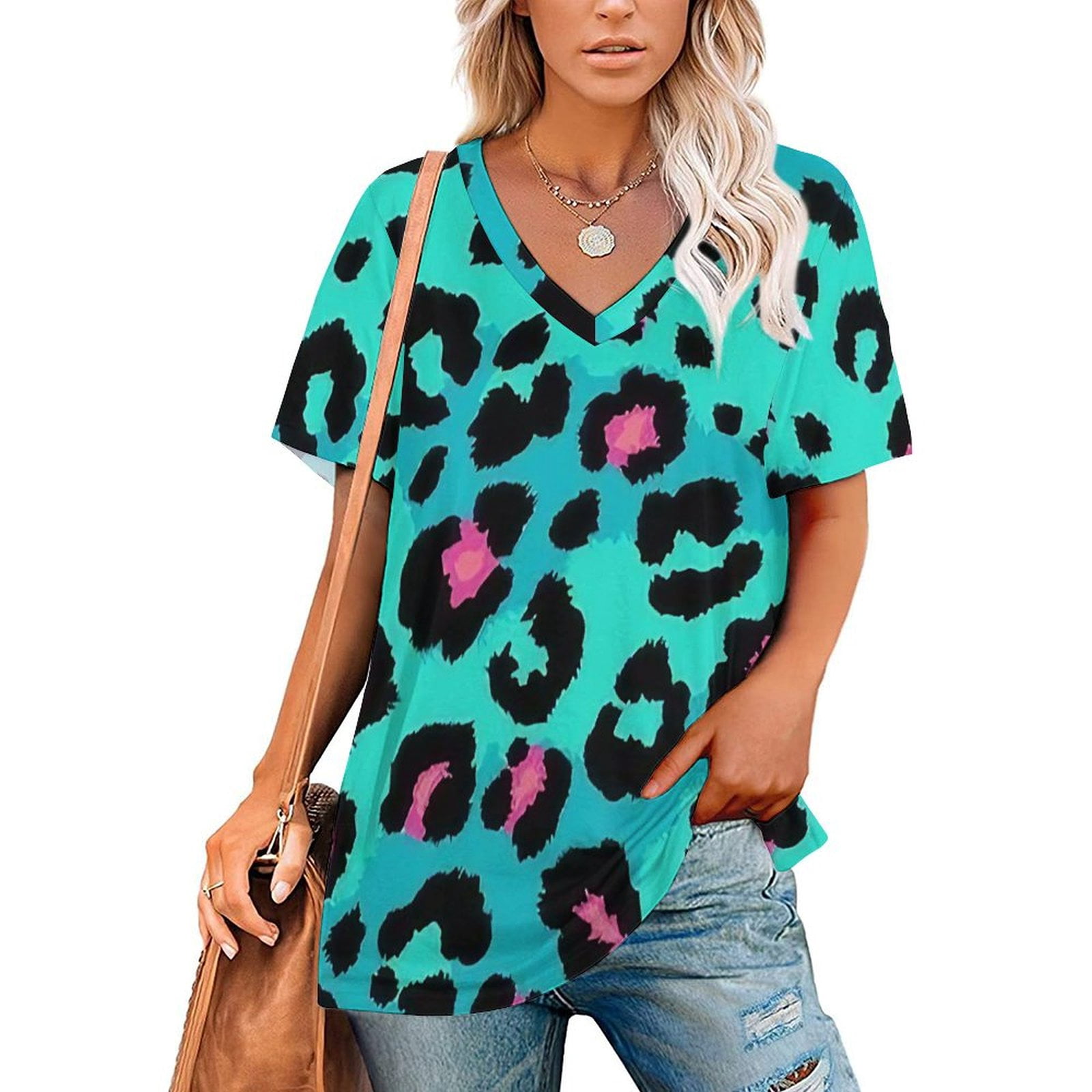 Blue Pink Leopard Skin Fashion Female T-Shirt Short Sleeve Lady V Neck ...