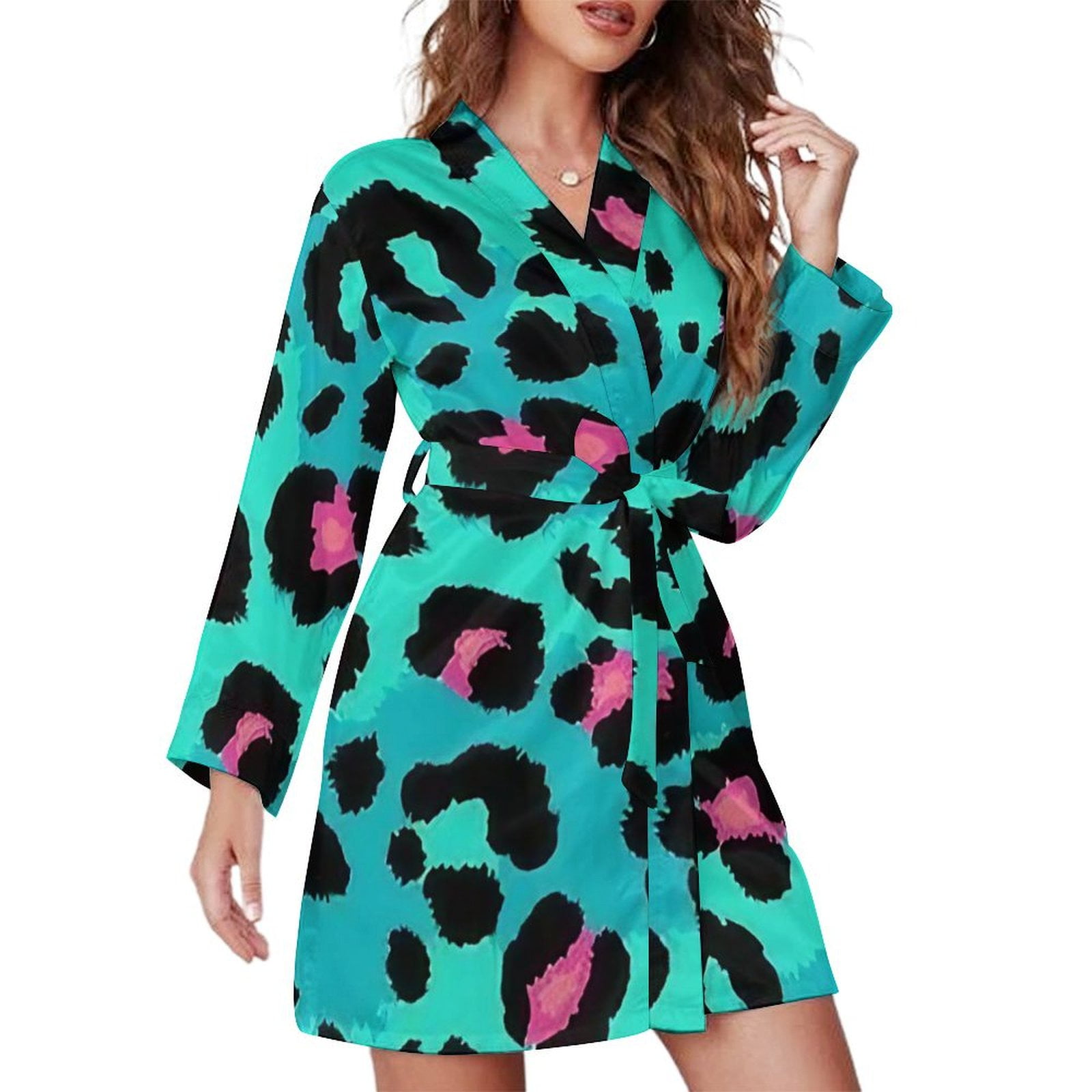 Blue Pink Leopard Skin Night Robe Long Sleeve V Neck Robe With Belt ...