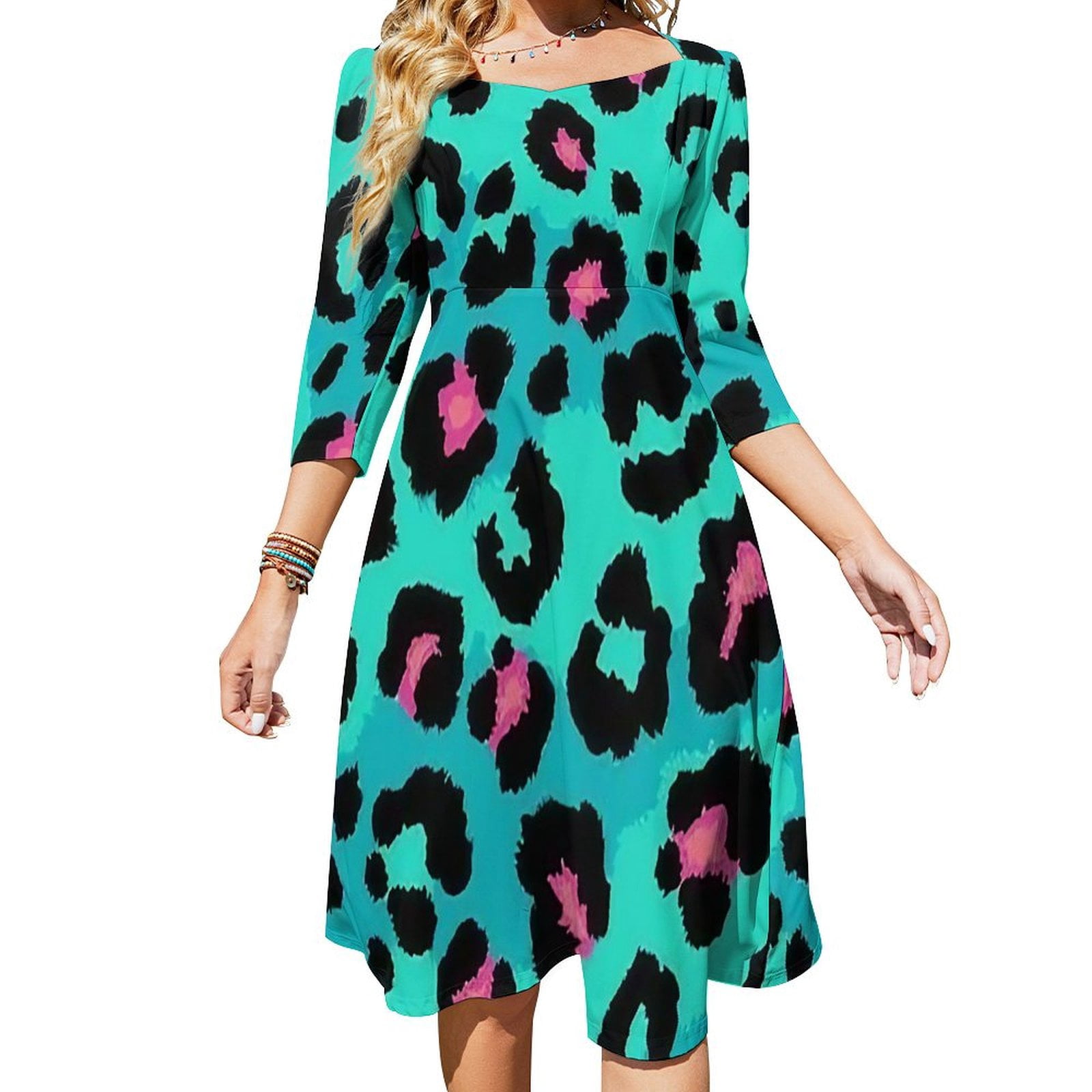 Blue Pink Leopard Skin Sweetheart Knot Flared Dress Fashion Design ...