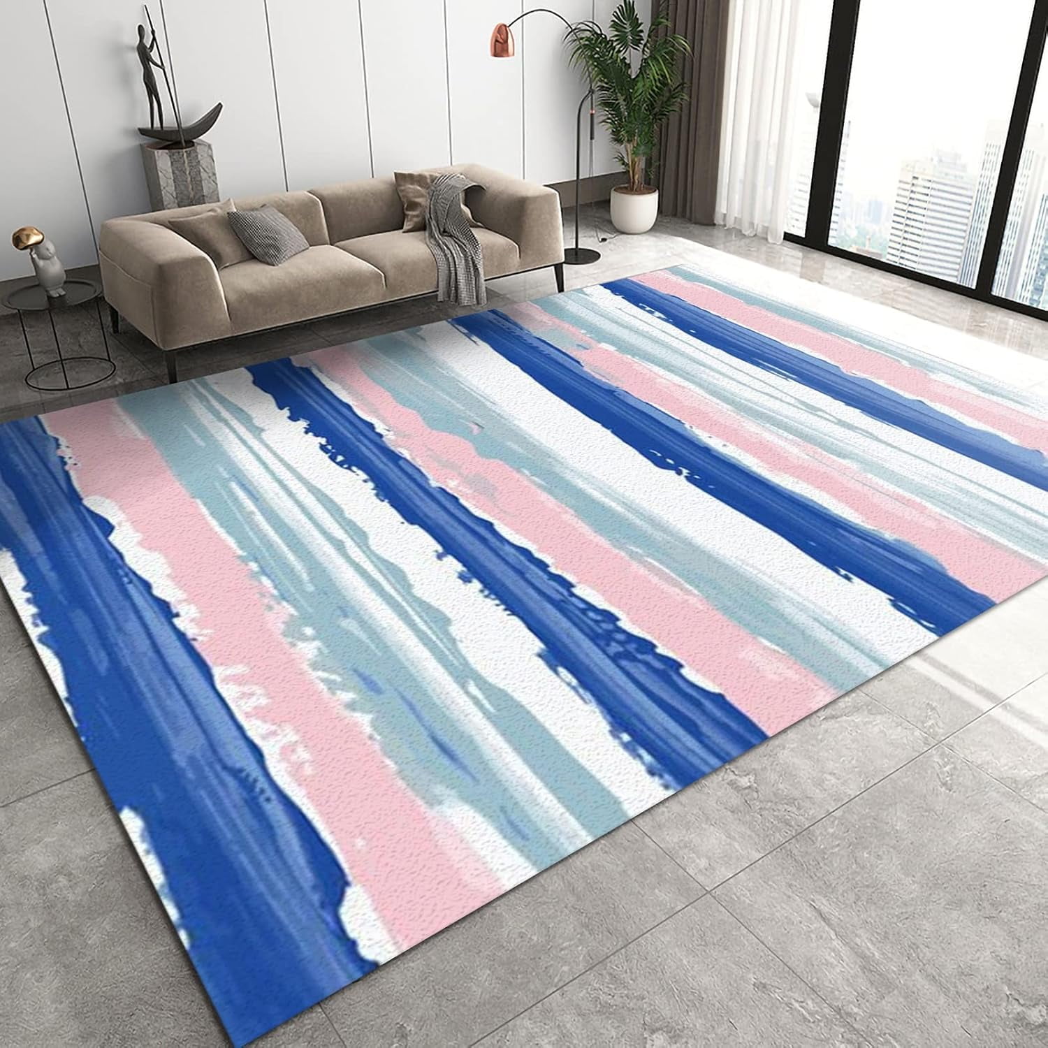 Blue Pink Line Area Rugs, 3D Oil Painting Carpet, Floor Mat Soft to The ...