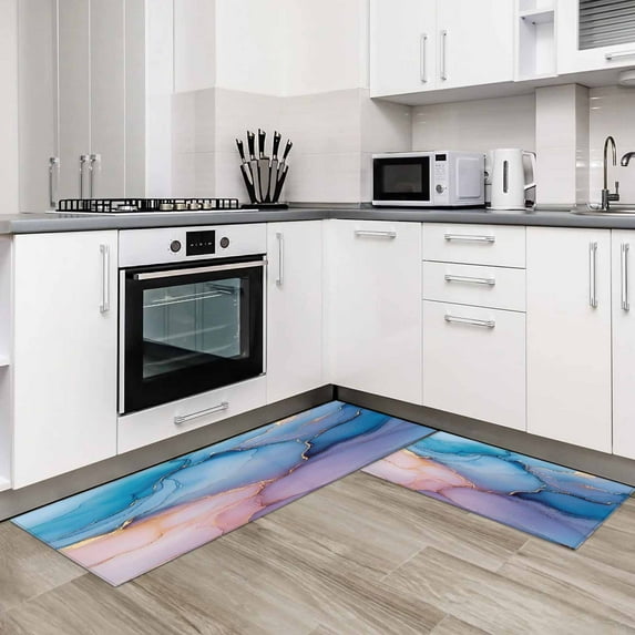 Blue Pink Marble 2 Pieces Non-Slip Kitchen Mat Set Modern Abstract ...