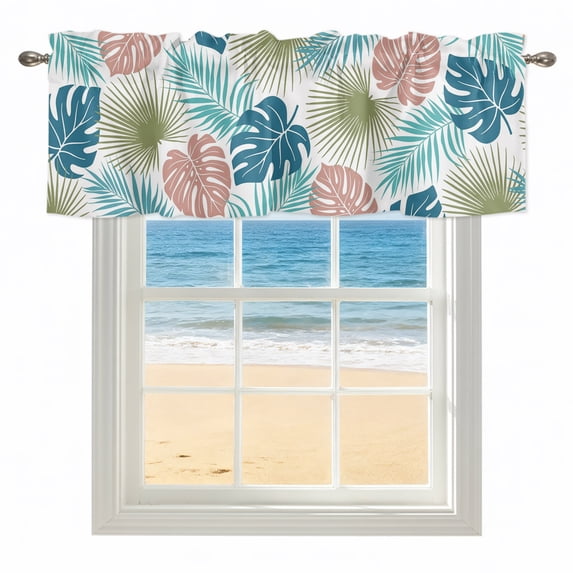 Blue Pink Monstera Leaves Valances for Windows, Rod Pocket Kitchen ...