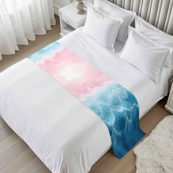 Blue Pink Ombre Bed Runner Scarf, Abstract Coastal Ocean Waves Gradient ...