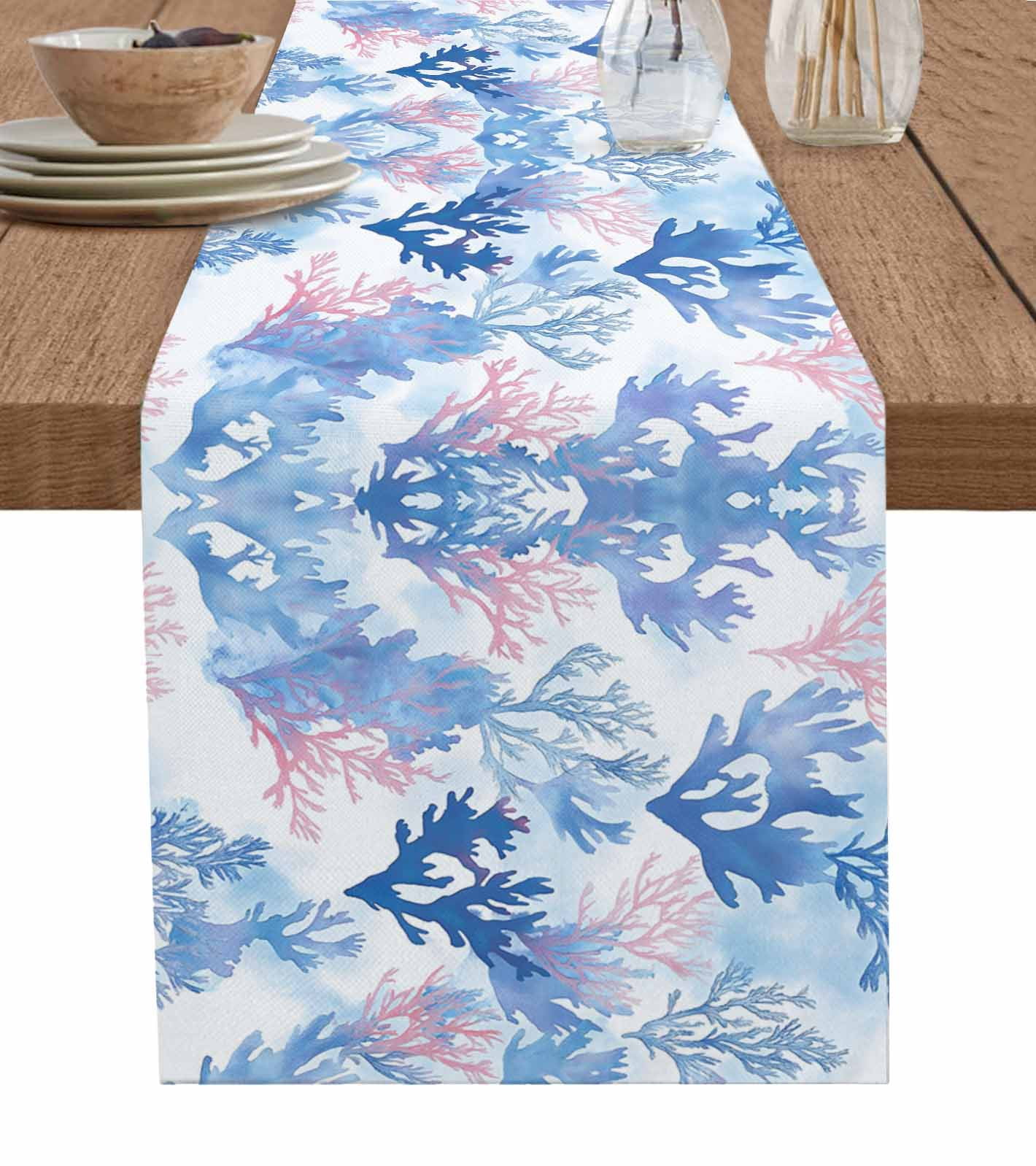 Blue Pink Ombre Coral Table Runner Cotton Linen 108 Inch Holiday ...