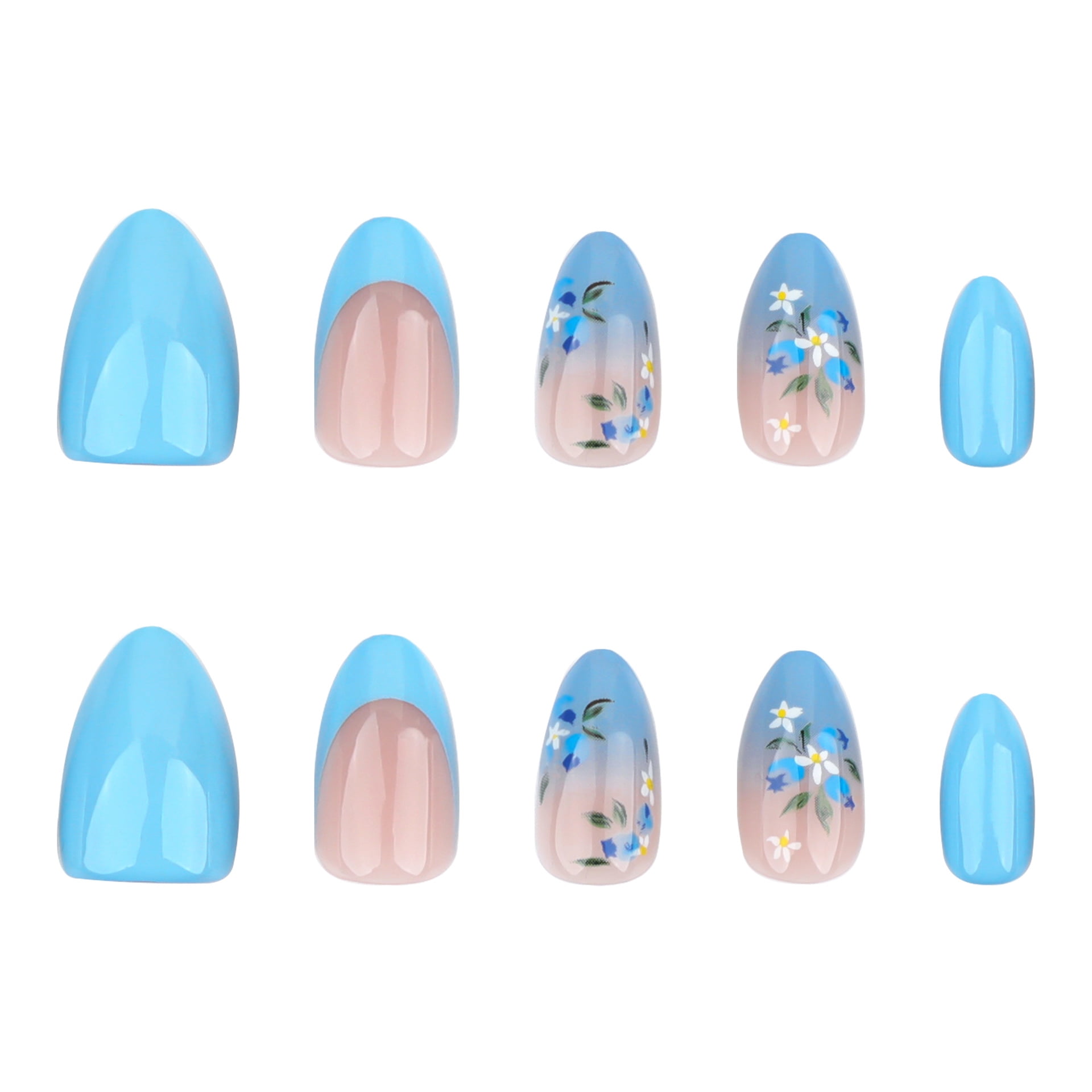 Blue Pink Ombre Floral Press on Nails, Medium Almond Glossy False Nails ...