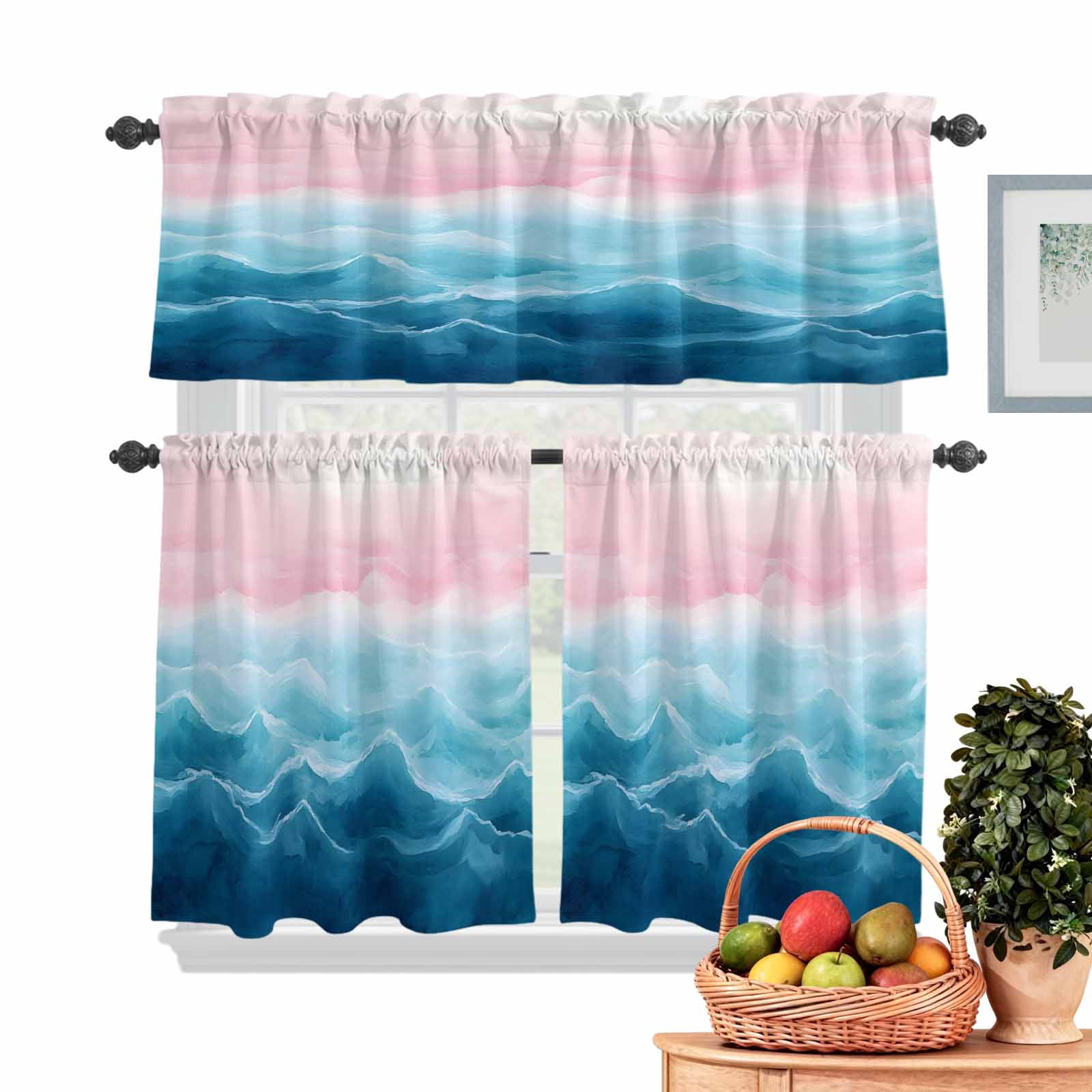 Blue Pink Ombre Kitchen Curtains Valances 3 Piece Set, Abstract Coastal ...
