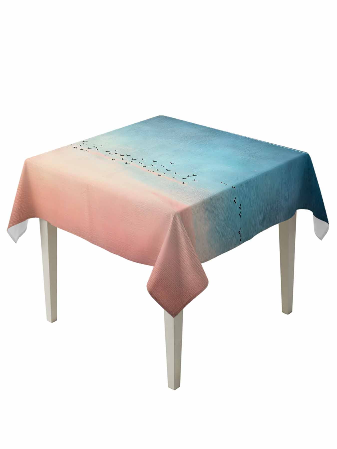 Blue Pink Ombre Sky Table Cloth, Modern Sunset Glow Bird Silhouette ...