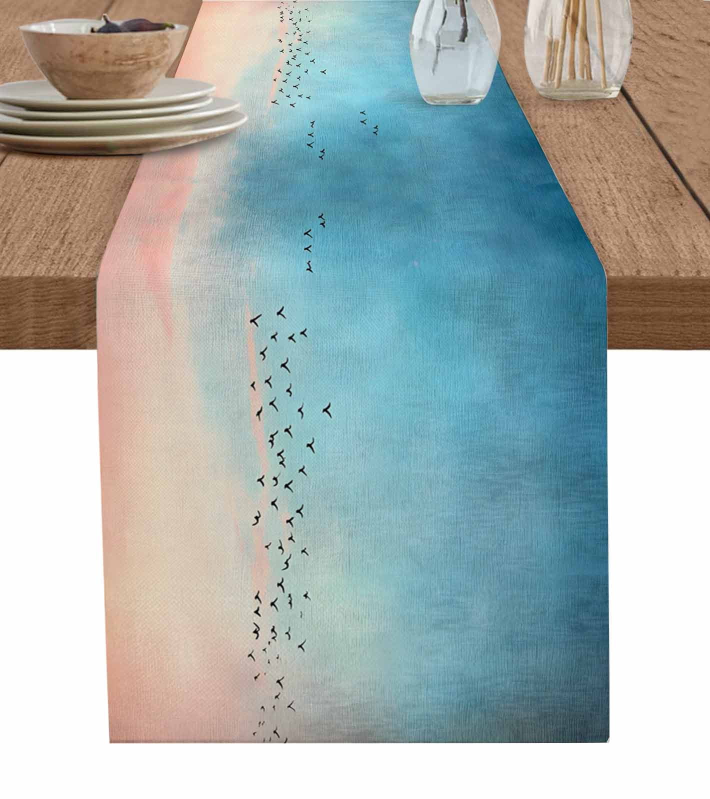 Blue Pink Ombre Sky Table Runner 72 Inches, Modern Sunset Glow Bird ...