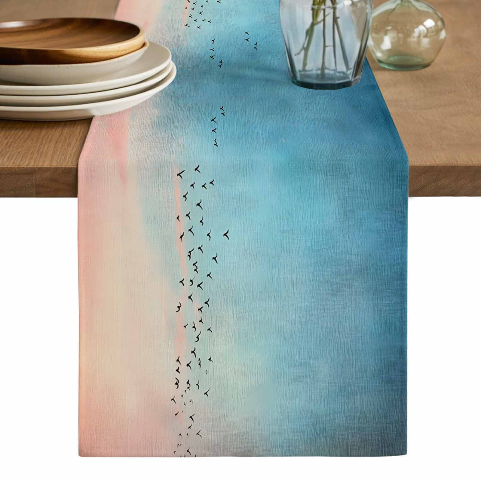 Blue Pink Ombre Sky Table Runner, Modern Sunset Glow Bird Silhouette ...