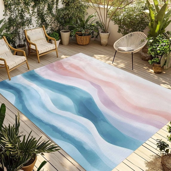 Blue Pink Outdoor Rug, Ombre Sea Wave Abstract Watercolor Ocean Coastal ...