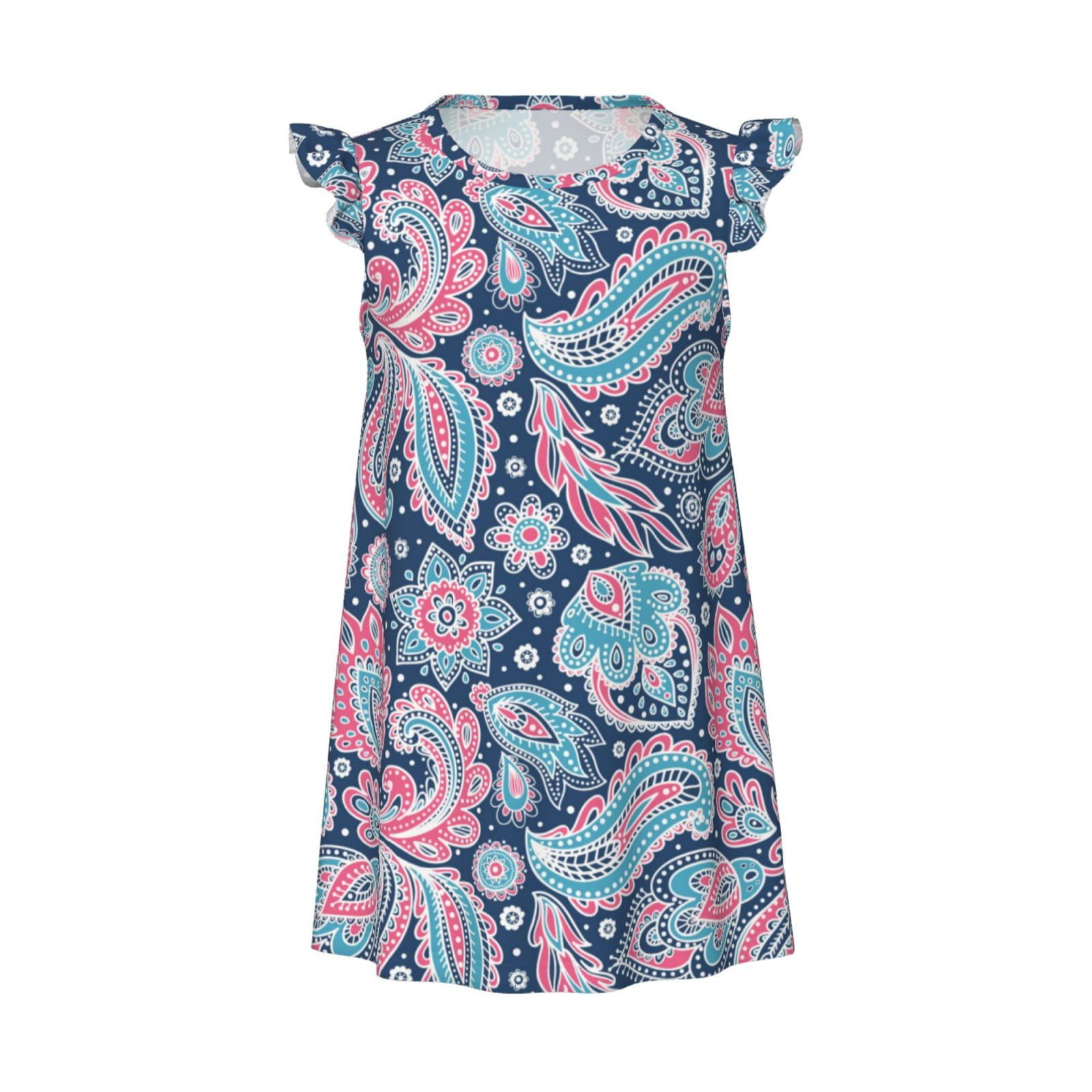 Blue Pink Paisley Girls Nightgowns, Short Sleeves Dress Girls Sleepwear ...