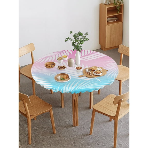 Blue Pink Palm Leaf Round Fitted Tablecloth with Elastic Edge, Summer ...
