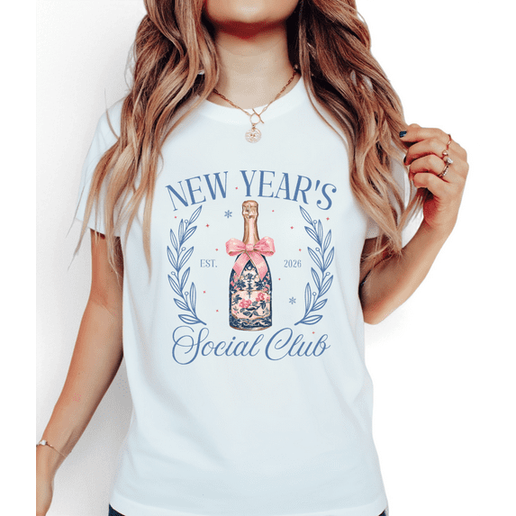 Blue Pink Pattern 2026 New Year Social Theme Graphic Commuting Tee T ...