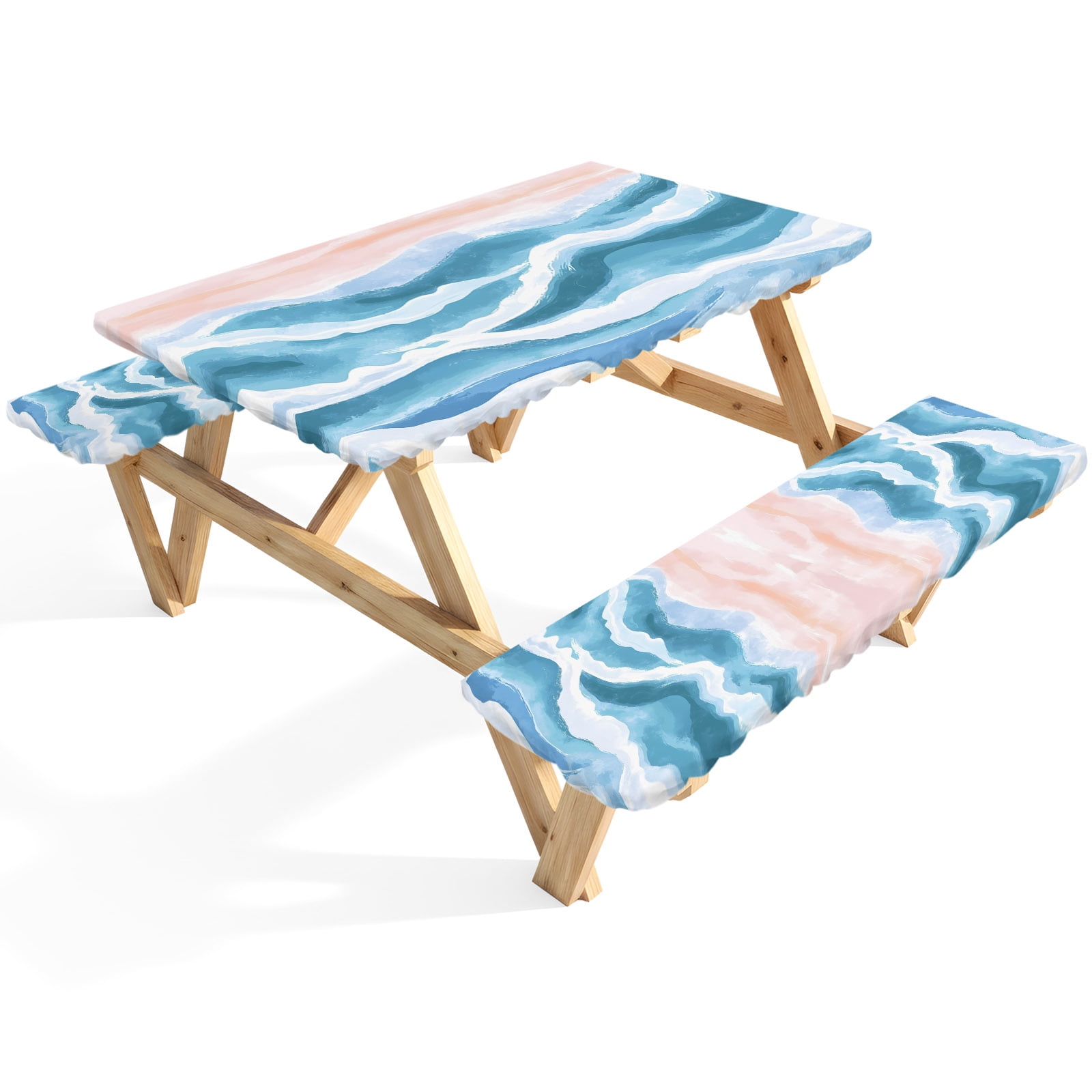 Blue Pink Picnic Table Cover with Bench Covers Ombre Sea Wave Abstract ...