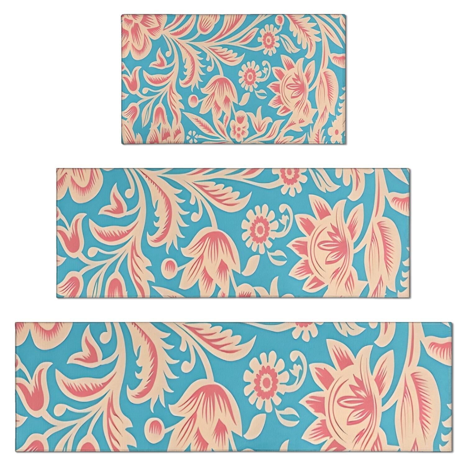 Blue and Pink Pioneer Flower Kitchen Rugs Sets Of 3,Kitchen Runner Rugs ...
