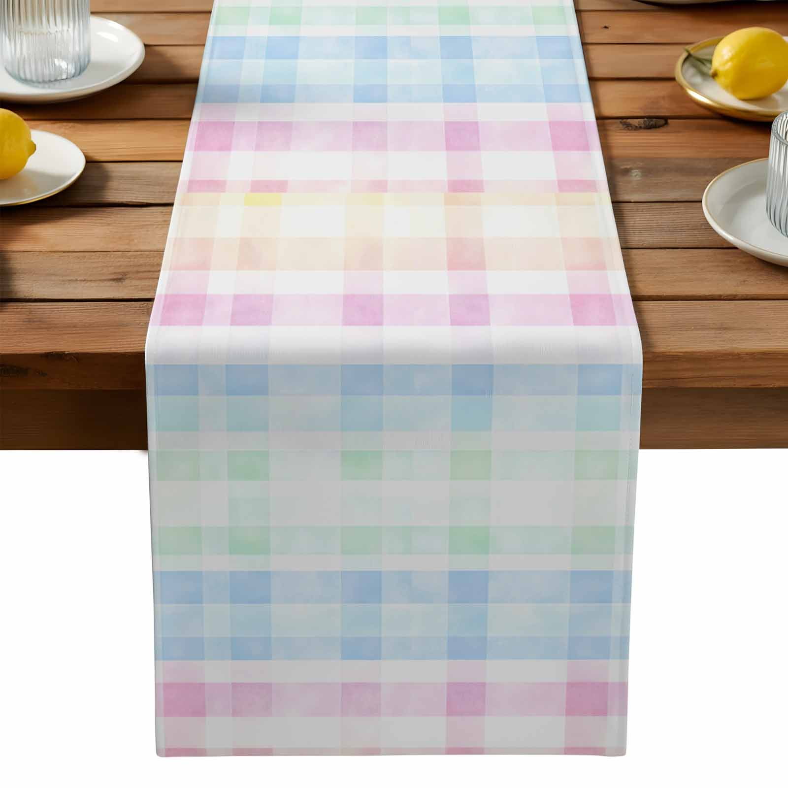 Blue Pink Plaid Cotton Linen Table Runner for Dining Kitchen, Pastel ...