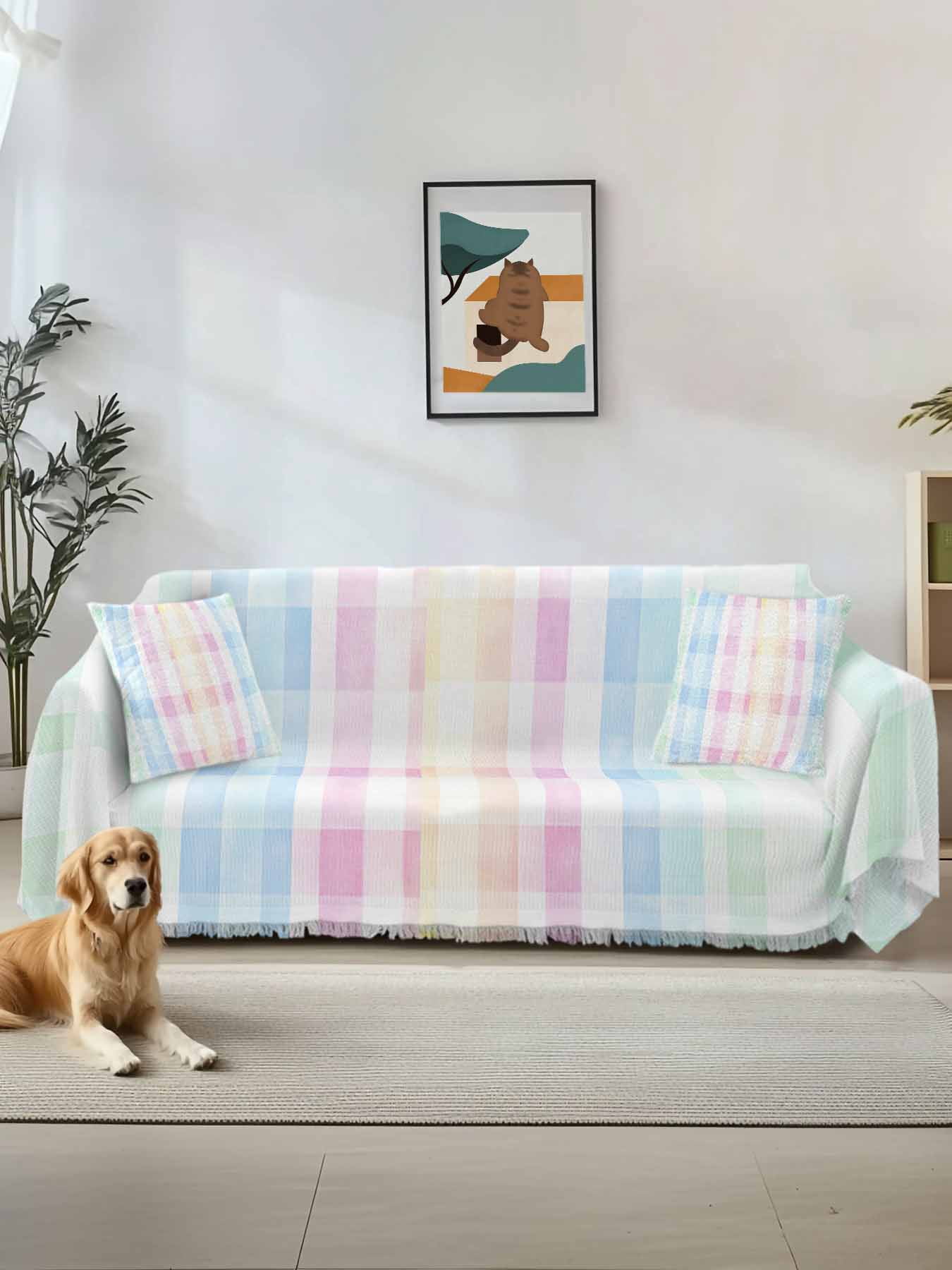 Blue Pink Plaid Couch Cover, Pastel Green White Buffalo Patchwork Sofa ...