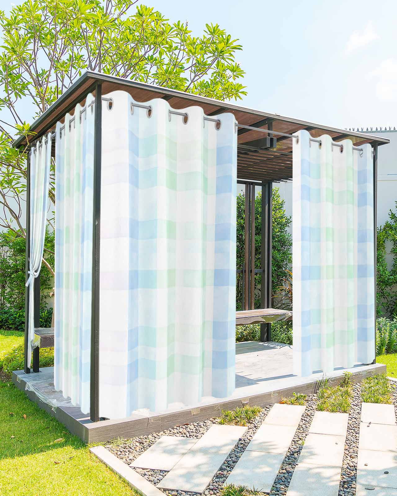 Blue Pink Plaid Outdoor Curtains for Patio Waterproof,Pastel Green ...