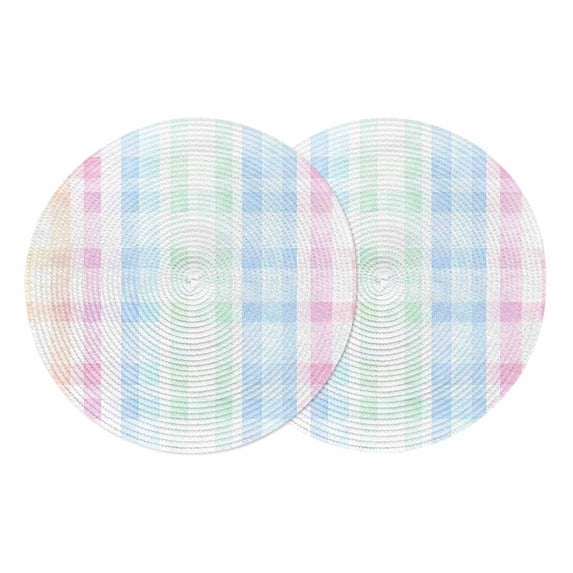 Blue Pink Plaid Round Placemats Set of 2, Braided Polypropylene Place ...