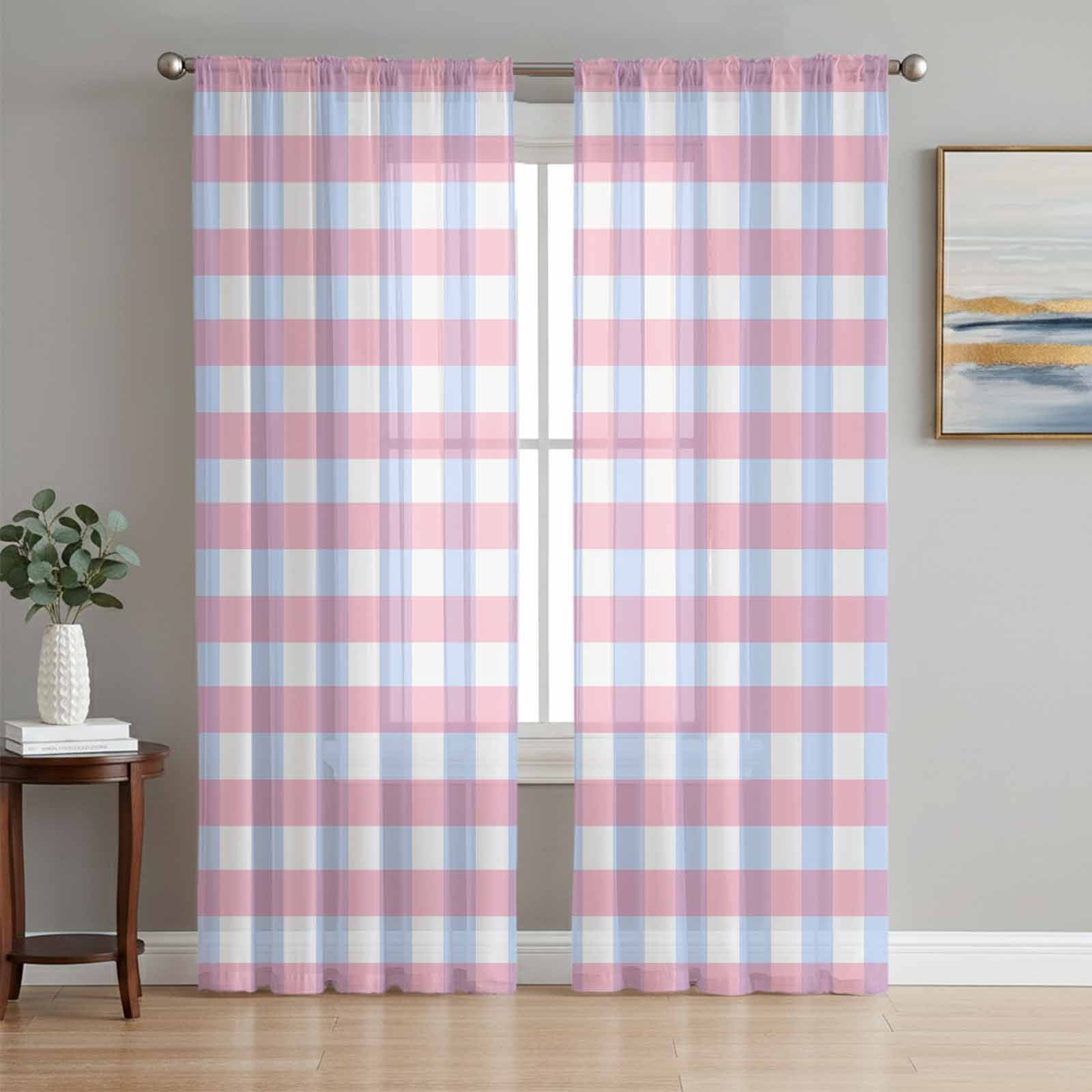 Blue Pink Plaid Sheer Curtains for Living Room Bedroom Watercolor ...