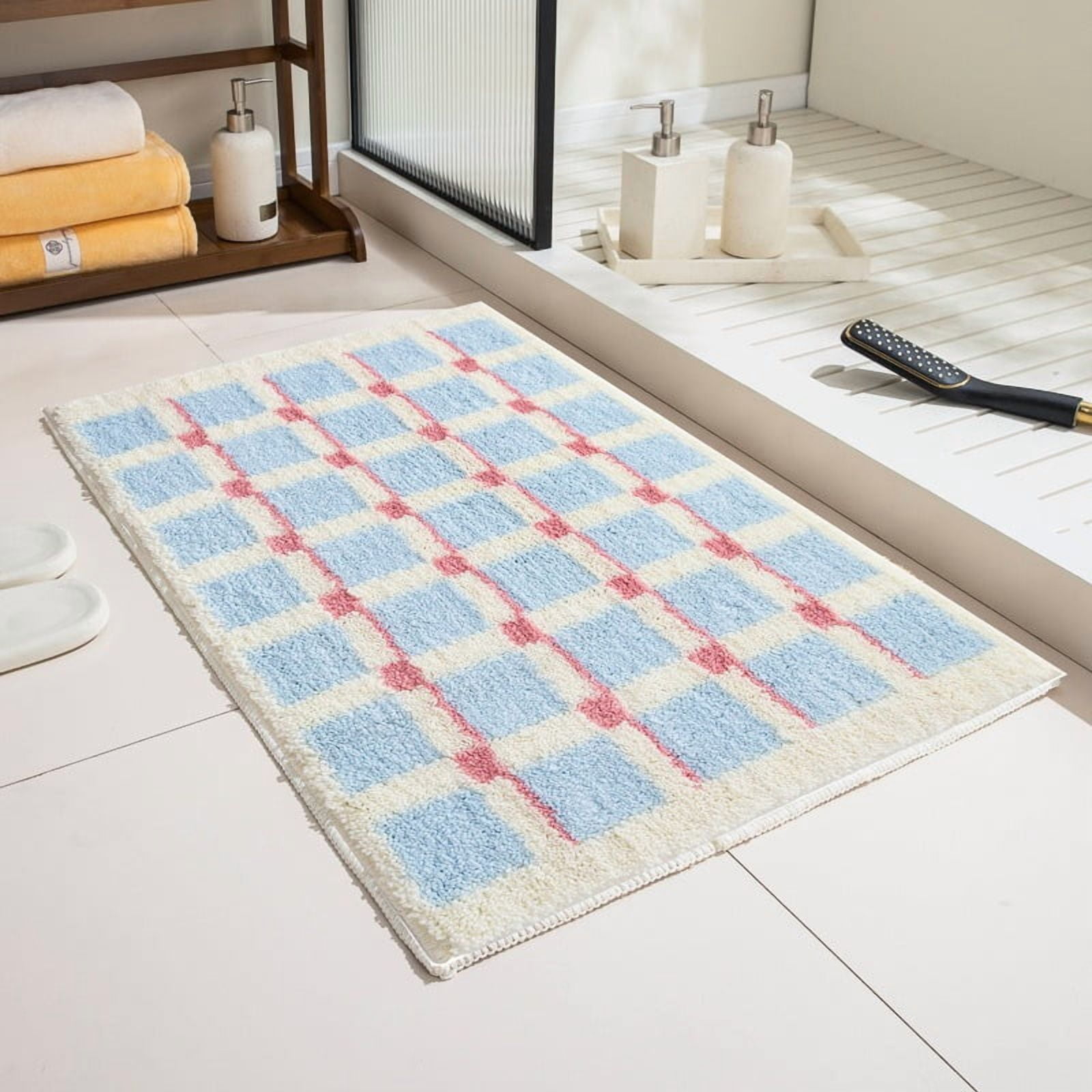 Blue Pink Plaid Striped Bathroom Rug 24" x 16", Extra Soft Absorbent ...