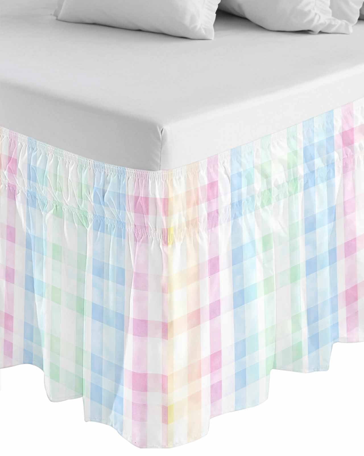 Blue Pink Plaid Wrap Around Bed Skirts for Queen Bed 16" Drop,Bed Skirt ...