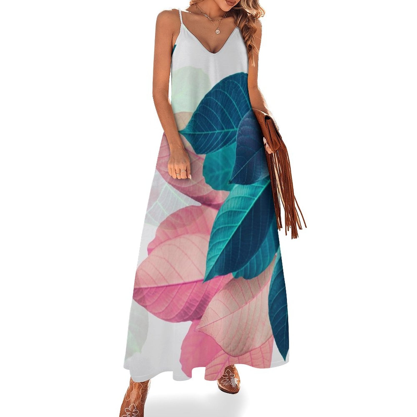 Blue Pink Plant Leaf Sleeveless Dress prom clothes clothing women ...