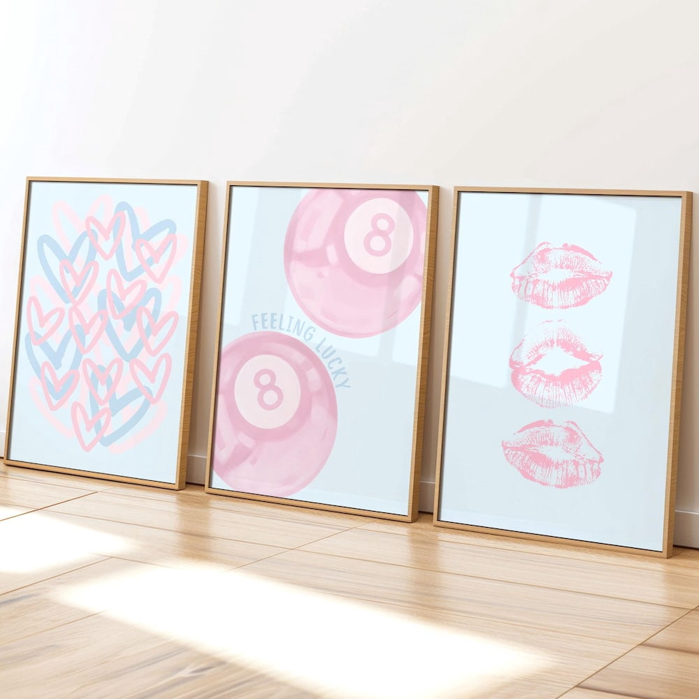 Blue Pink Preppy Feeling Lucky 8 Ball Hearts Dorm Wall Art Home Decor ...
