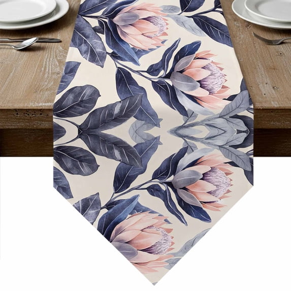 Blue Pink Purple Botanical Table Runner Linen Burlap Table Runner 72 ...
